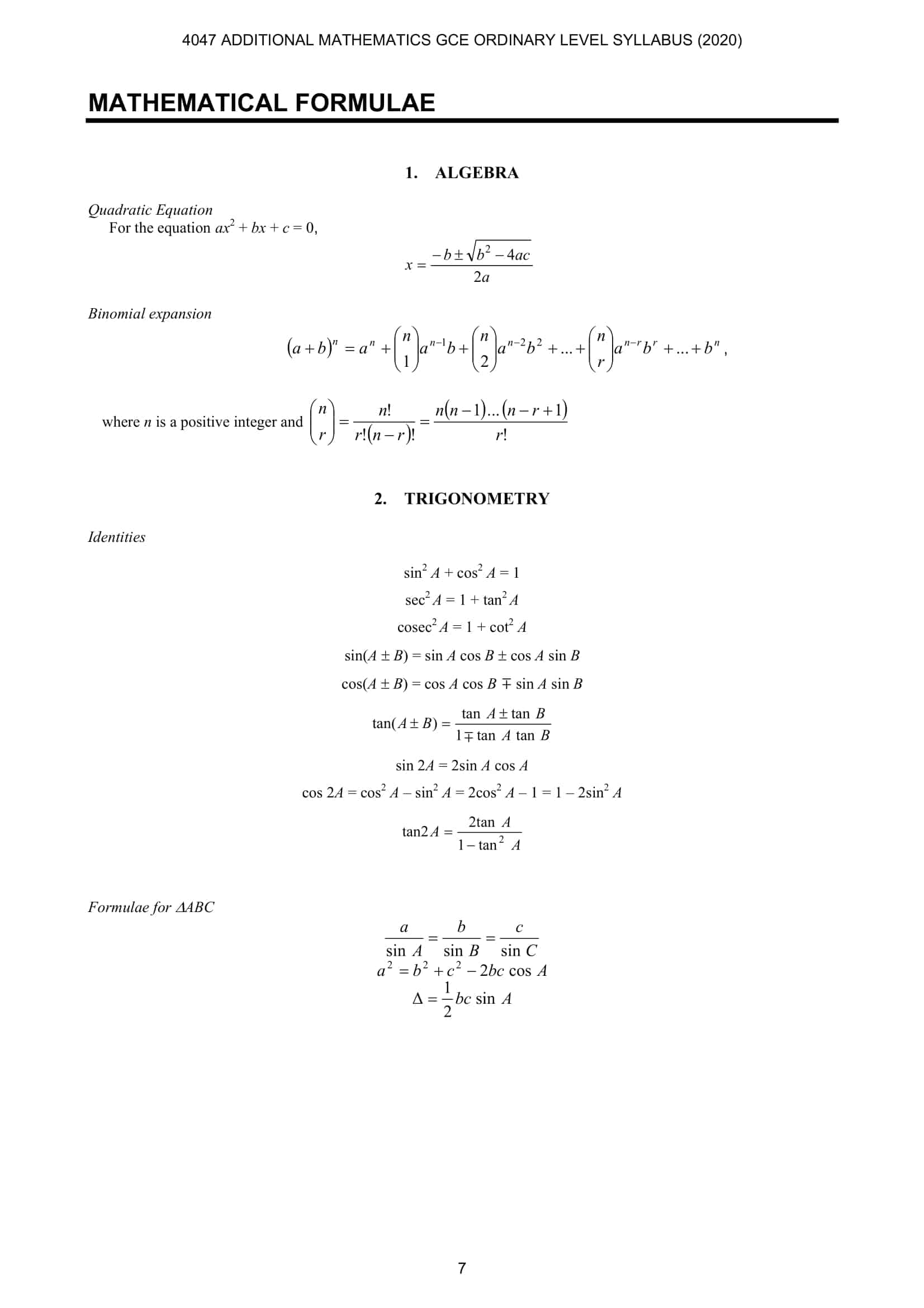 A Math Formula Sheet O Level 2024 A Math Formula Sheet O Level 2024